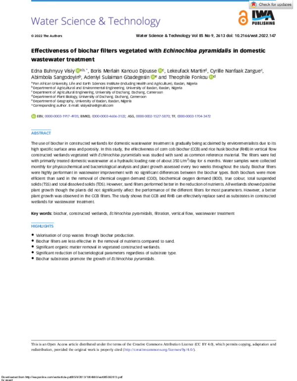 (PDF) Effectiveness of biochar filters vegetated with Echinochloa pyramidalis in domestic ...