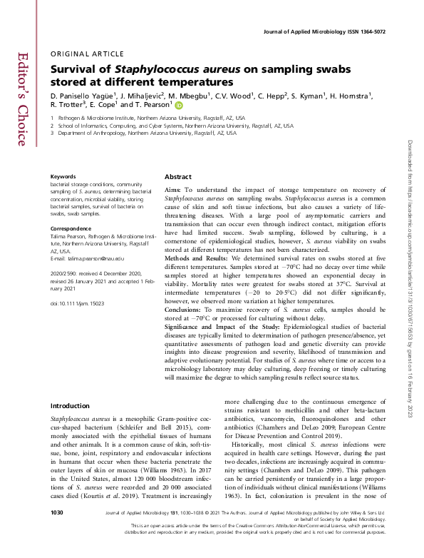 (PDF) Survival of Staphylococcus aureus on sampling swabs stored at ...