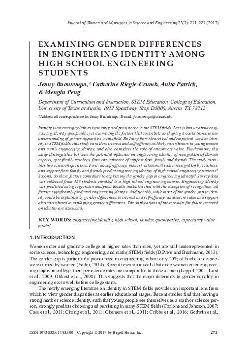 (PDF) Examining Gender Differences in Engineering Identity Among High ...