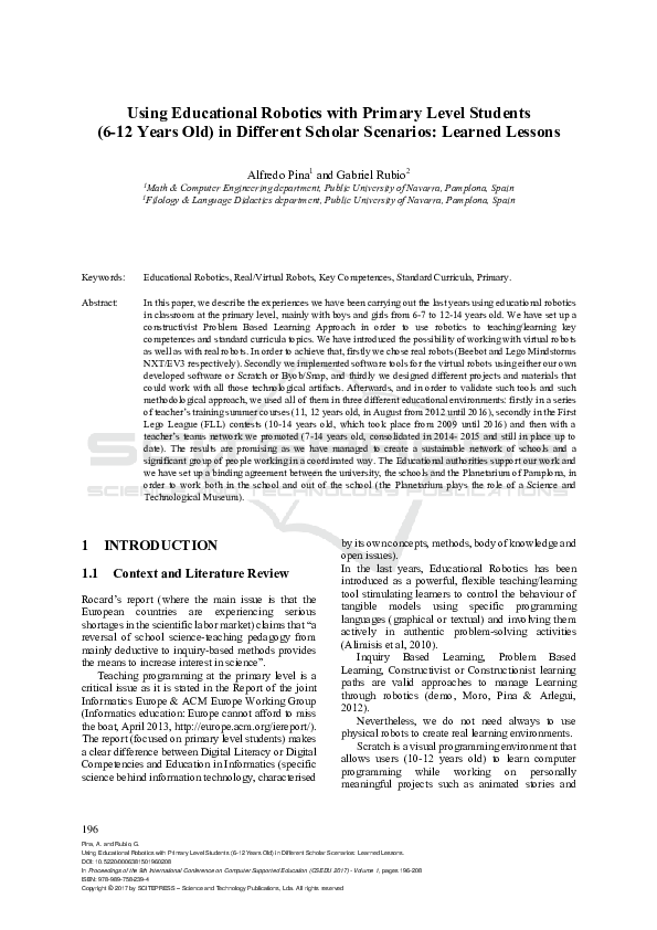 (PDF) Using Educational Robotics with Primary Level Students (6-12 Years Old) in Different ...