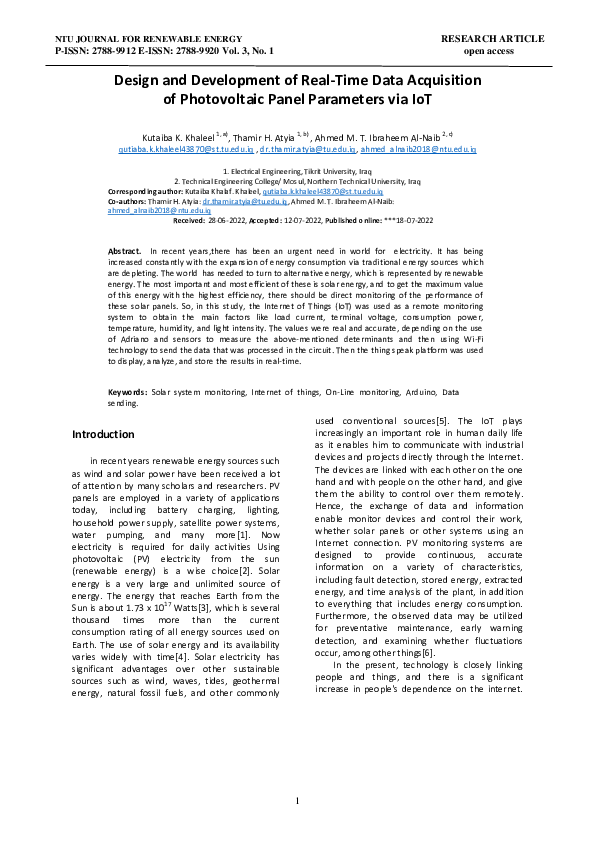 (PDF) Design and Development of Real-Time Data Acquisition of Photovoltaic Panel Parameters via IoT