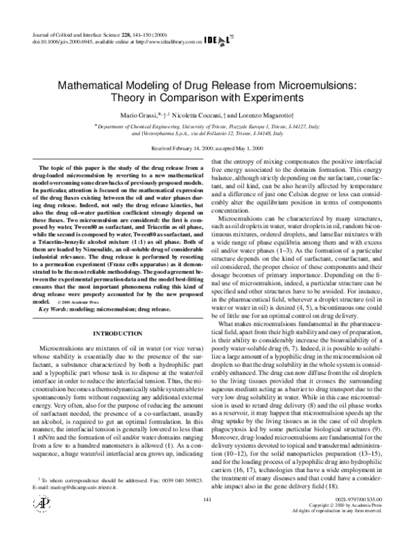 (PDF) Mathematical Modeling of Drug Release from Microemulsions: Theory in Comparison with ...