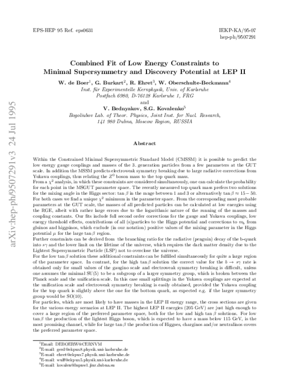 (PDF) Combined fit of low energy constraints to minimal supersymmetry and discovery potential at ...
