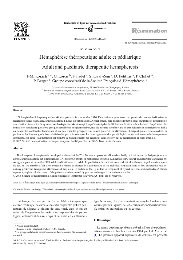 (PDF) Hémaphérèse thérapeutique adulte et pédiatrique | Fouad Fadel ...