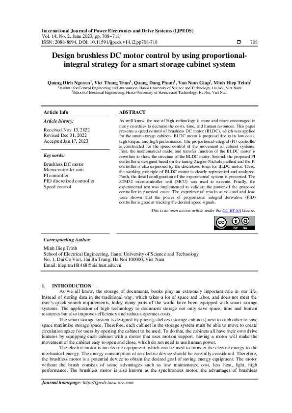 Design Brushless Dc Motor Control By Using Proportional Integral Strategy For A Smart Storage 