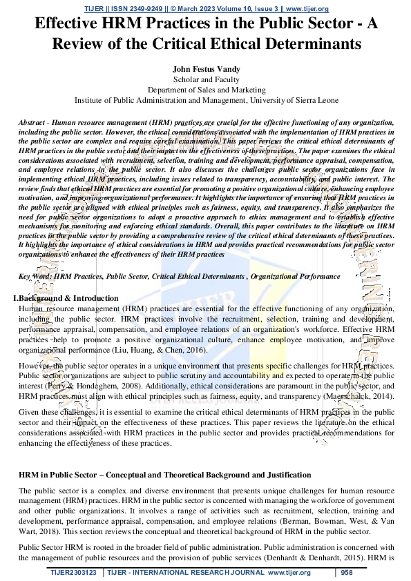 (PDF) Effective HRM Practices in the Public Sector -A Review of the Critical Ethical Determinants