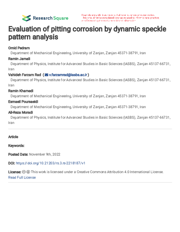 (PDF) Evaluation of pitting corrosion by dynamic speckle pattern analysis