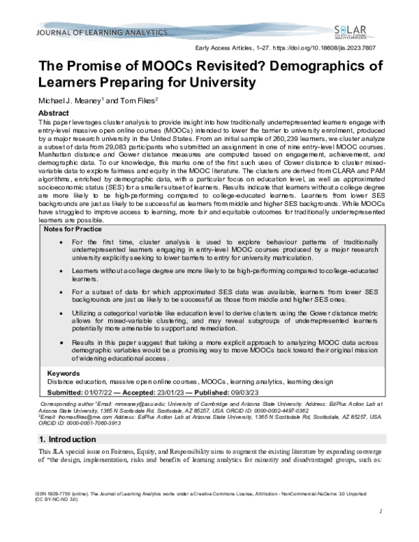 (PDF) The Promise of MOOCs Revisited? Demographics of Learners Preparing for University