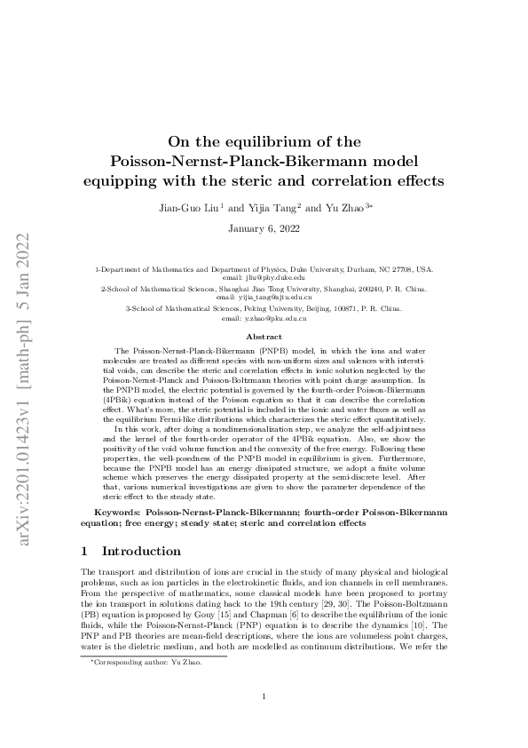 (PDF) On the equilibrium of the Poisson-Nernst-Planck-Bikermann model equipping with the steric ...