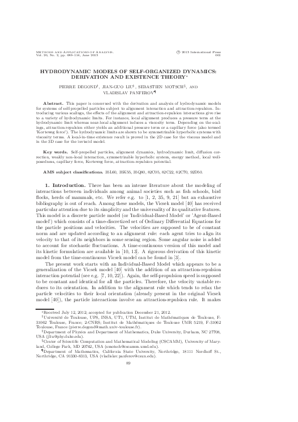 (PDF) Hydrodynamic models of self-organized dynamics: Derivation and existence theory