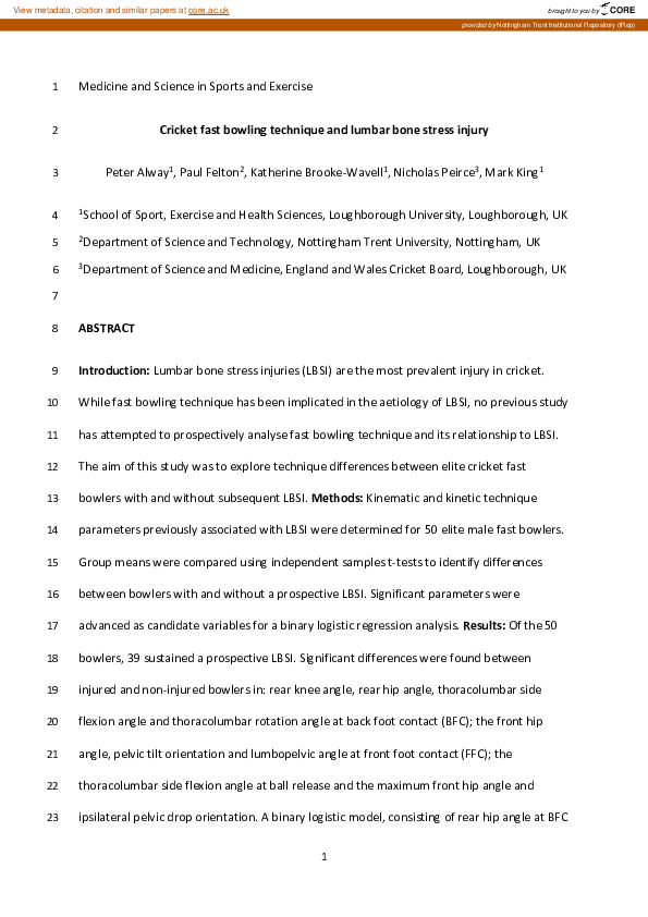 (PDF) Cricket Fast Bowling Technique and Lumbar Bone Stress Injury