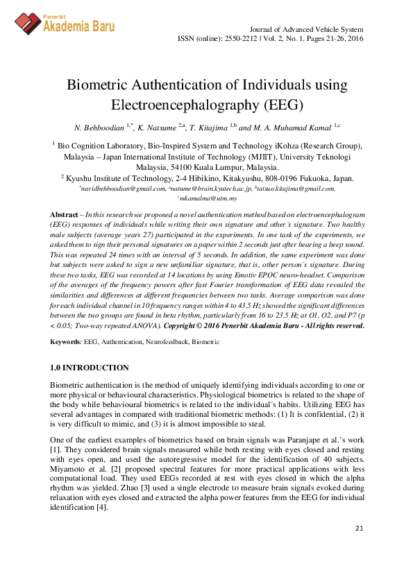 Pdf Akademia Baru Biometric Authentication Of Individuals Using
