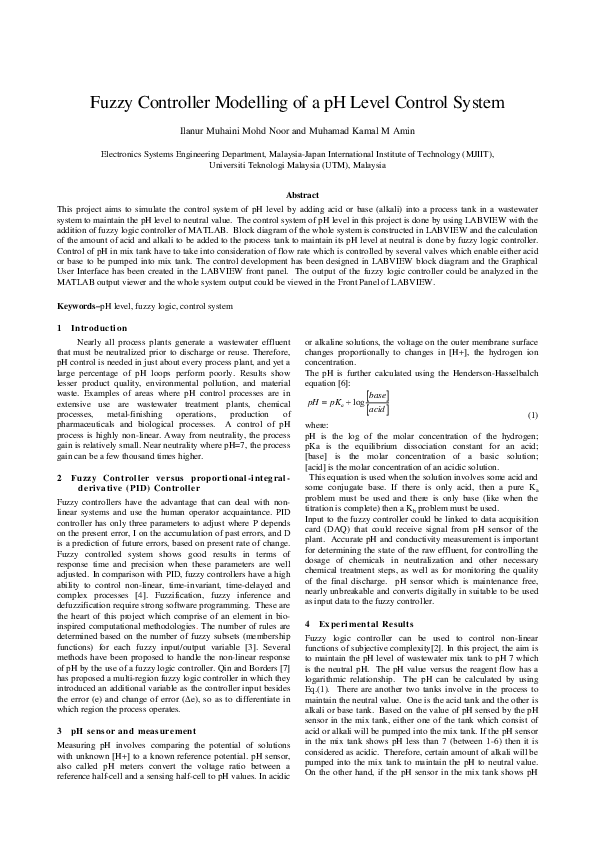 (PDF) Fuzzy controller modelling of a ph level control system