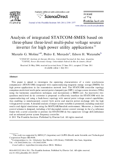 Pdf Analysis Of Integrated Statcom Smes Based On Three Phase Three Level Multi Pulse Voltage