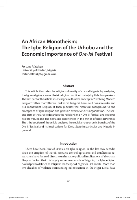 (PDF) An African Monotheism: The Igbe Religion of the Urhobo and the ...