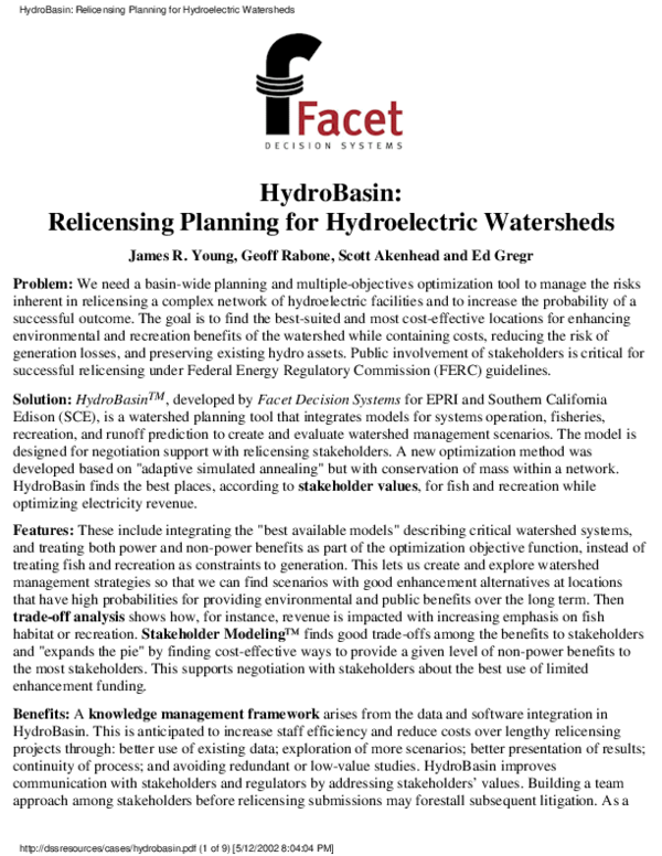 (PDF) HydroBasin: Relicensing Planning for Hydroelectric Watersheds ...