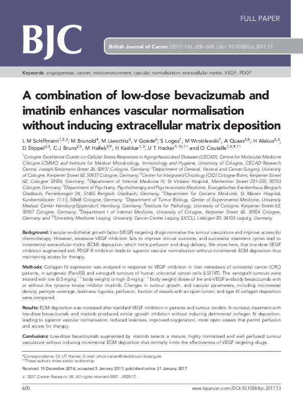 (PDF) A combination of low-dose bevacizumab and imatinib enhances vascular normalisation without ...