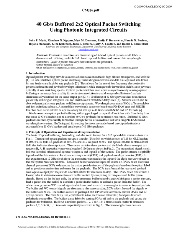 (PDF) 40 Gb/s Buffered 2x2 Optical Packet Switching Using Photonic Integrated Circuits | Larry ...