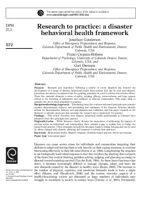 (PDF) Research to practice: a disaster behavioral health framework