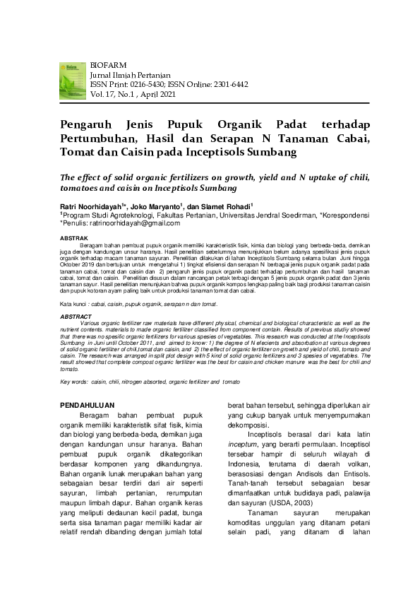 (PDF) Pengaruh Jenis Pupuk Organik Padat terhadap Pertumbuhan, Hasil dan Serapan N Tanaman Cabai ...