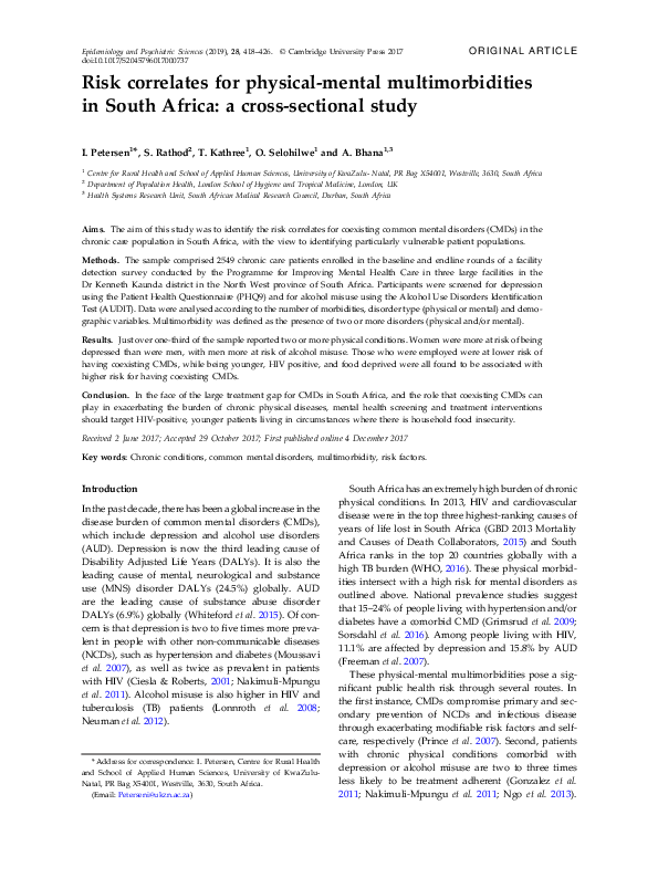 (PDF) Risk correlates for physical-mental multimorbidities in South ...
