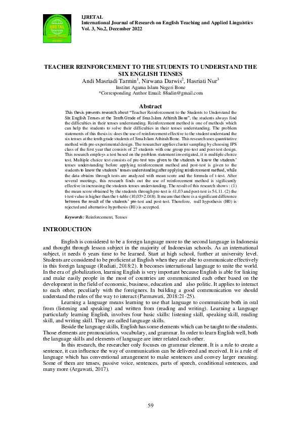 (PDF) Teacher Reinforcement to the Students to Understand the Six English Tenses