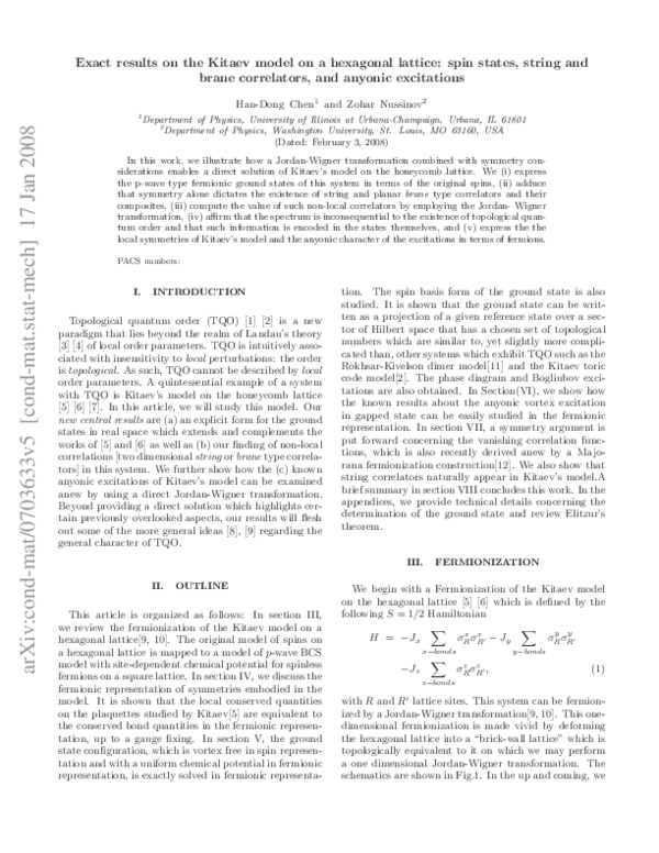 (PDF) Exact results of the Kitaev model on a hexagonal lattice: spin ...