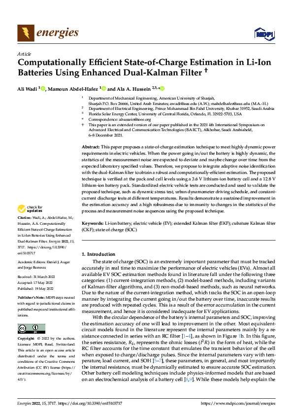 Pdf Computationally Efficient State Of Charge Estimation In Li Ion Batteries Using Enhanced