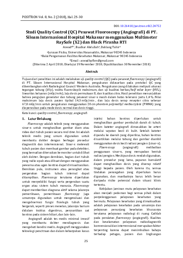 (PDF) Studi Quality Control (QC) Pesawat Fluoroscopy (Angiografi) di PT ...