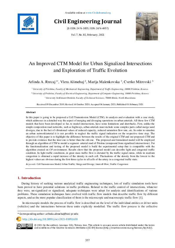 (PDF) An Improved CTM Model for Urban Signalized Intersections and Exploration of Traffic Evolution