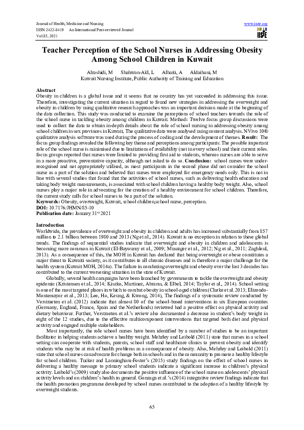 (PDF) Teacher Perception of the School Nurses in Addressing Obesity ...