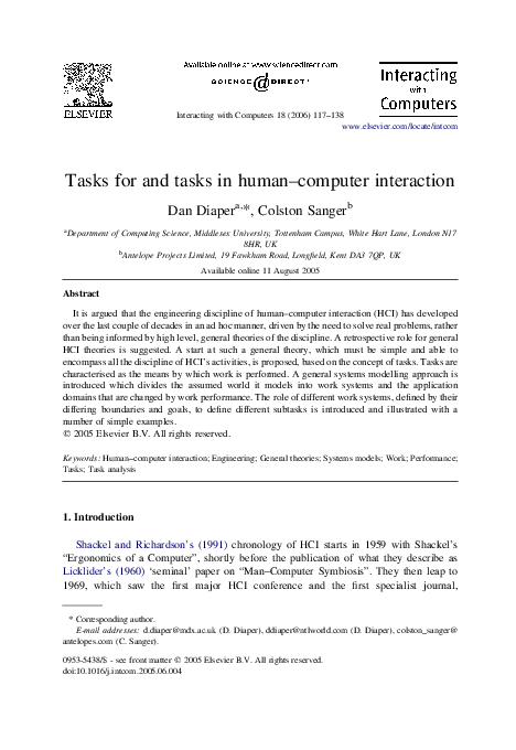 (PDF) Tasks for and tasks in human–computer interaction