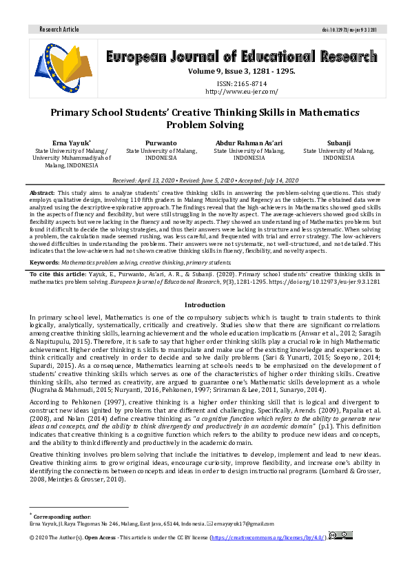 (PDF) Primary School Students’ Creative Thinking Skills in Mathematics ...
