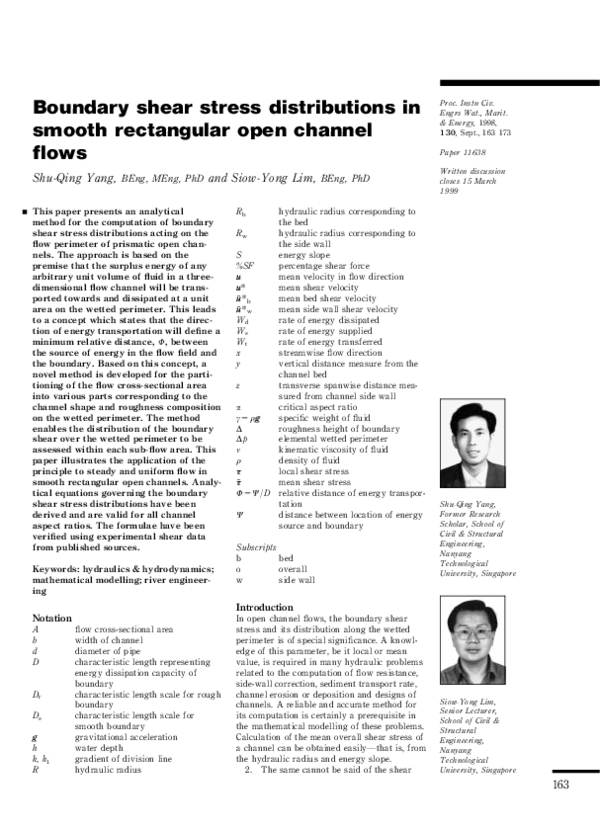(PDF) Boundary Shear Stress Distributions in Smooth Retangular Open Channel Flows