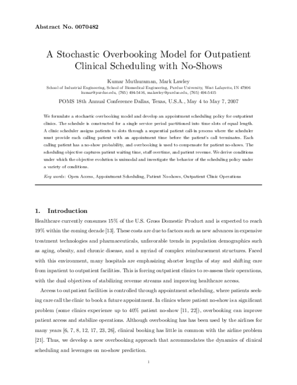 Pdf A Stochastic Overbooking Model For Outpatient Clinical Scheduling With No Shows
