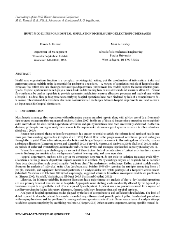 Pdf Input Modeling For Hospital Simulation Models Using Electronic