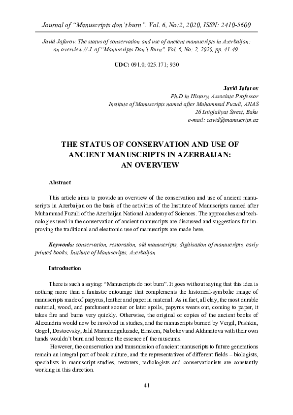 (PDF) The Status of Conservation and Use of Ancient Manuscripts in ...