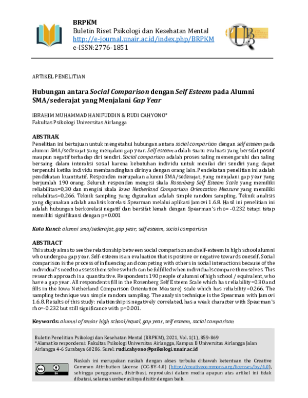(PDF) Hubungan antara Social Comparison dengan Self Esteem pada Alumni SMA/sederajat Yang ...