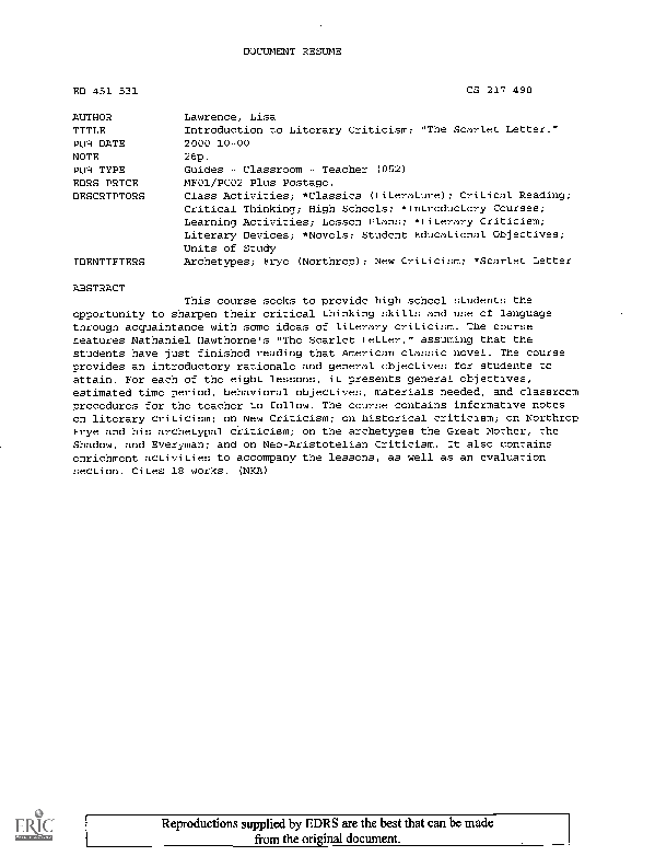 (PDF) Introduction to Literary Criticism: "The Scarlet Letter