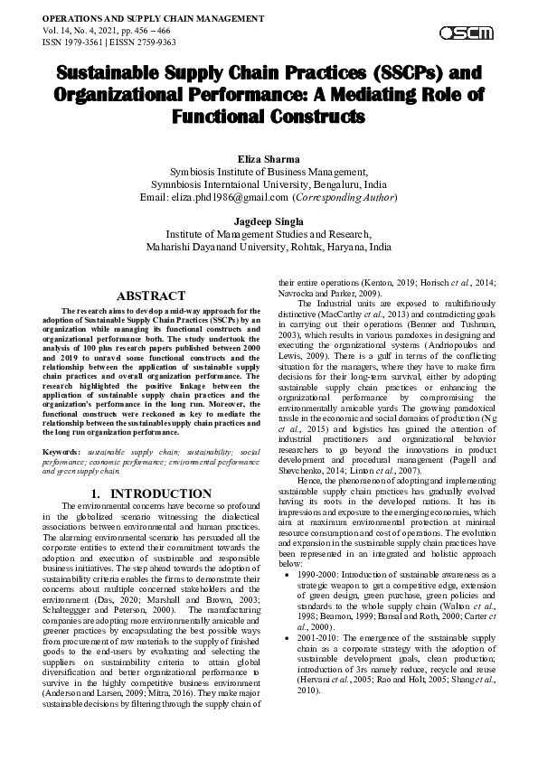 (PDF) Sustainable Supply Chain Practices (SSCPs) and Organizational Performance: A Mediating ...