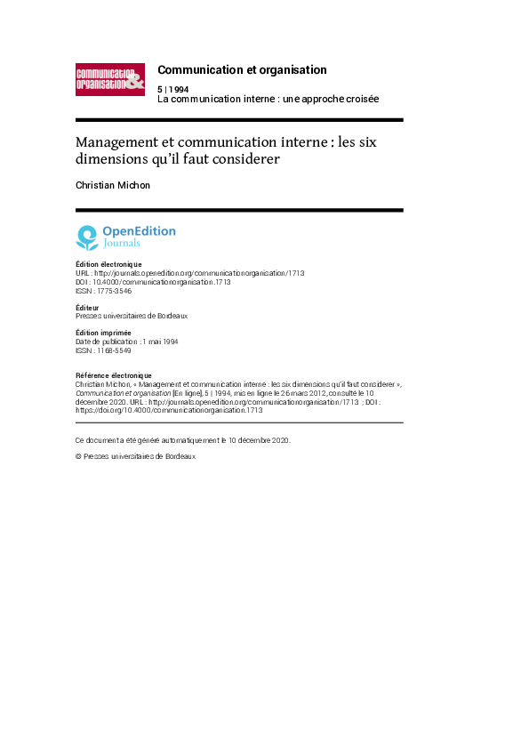 (PDF) Management et communication interne : les six dimensions qu’il faut considerer