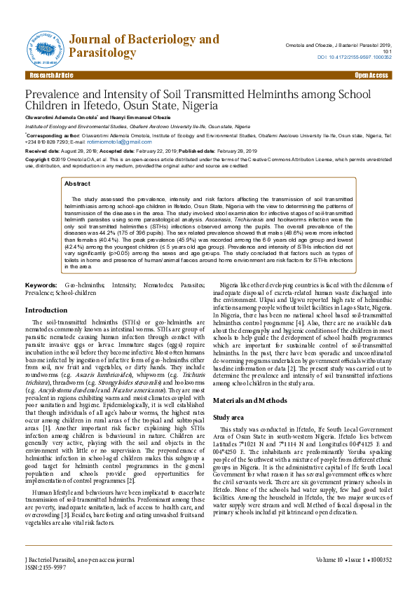 (PDF) Soil Transmitted Helminths; Prevalence, Perception and Determinants among Primary School ...