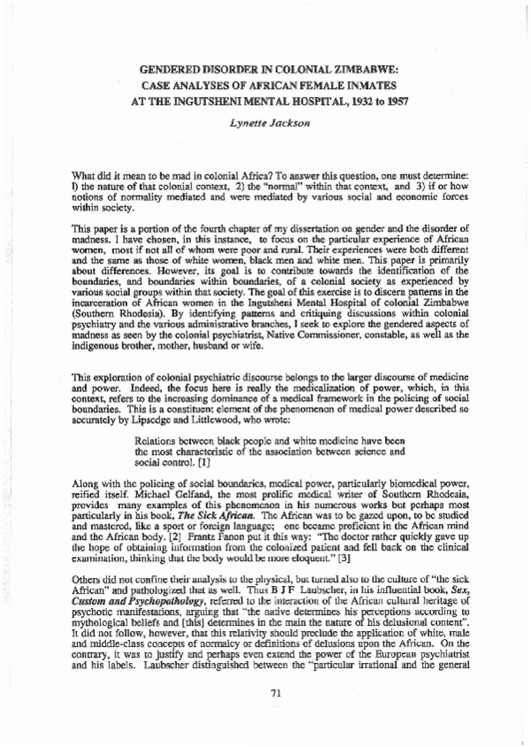(PDF) Gendered disorder in colonial Zimbabwe: Cape alalyses of African ...