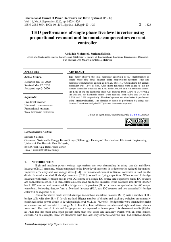 (PDF) THD performance of single phase five level inverter using proportional resonant and ...