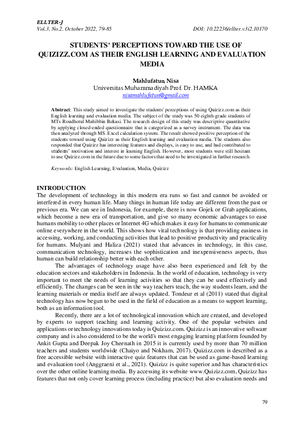 (PDF) STUDENTS' PERCEPTIONS TOWARD THE USE OF QUIZIZZ.COM AS THEIR ENGLISH LEARNING AND ...