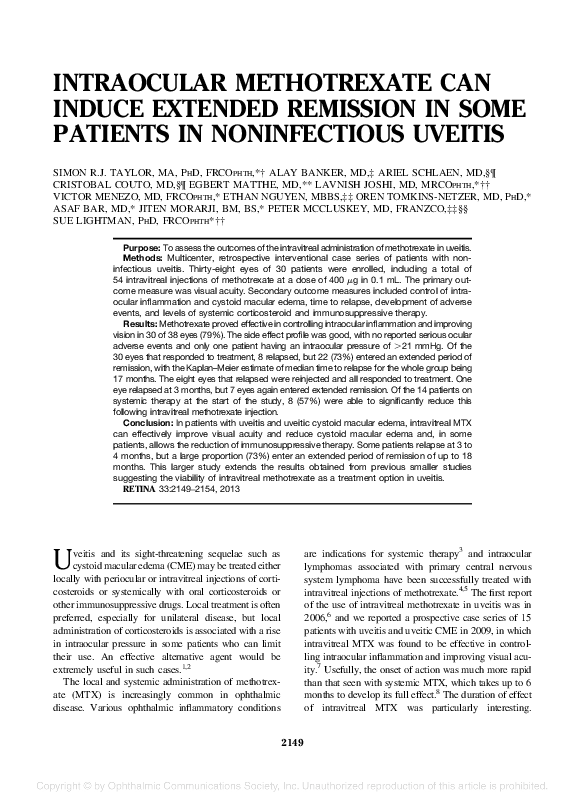 (PDF) Intraocular Methotrexate Can Induce Extended Remission in Some ...