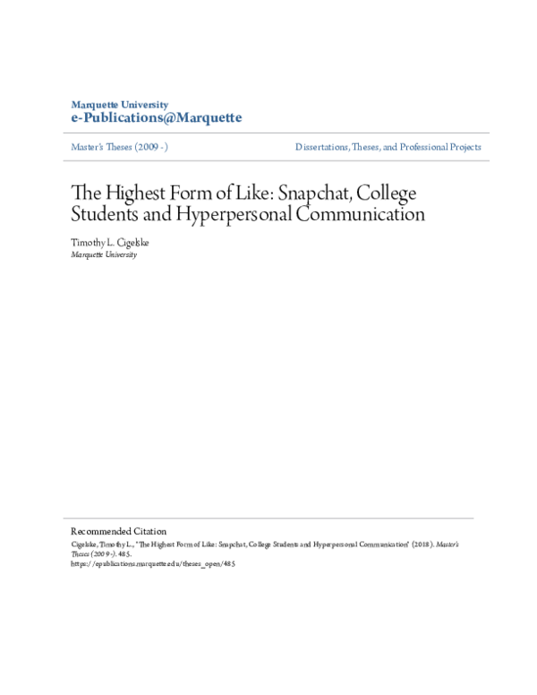 (PDF) The Highest Form of Like: Snapchat, College Students and ...