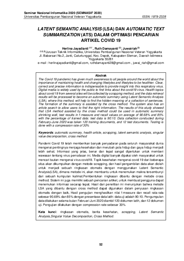(PDF) Latent Semantic Analysis (Lsa) Dan Automatic Text Summarization (Ats) Dalam Optimasi ...