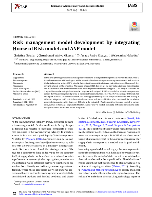 (PDF) Risk management model development by integrating House of Risk ...