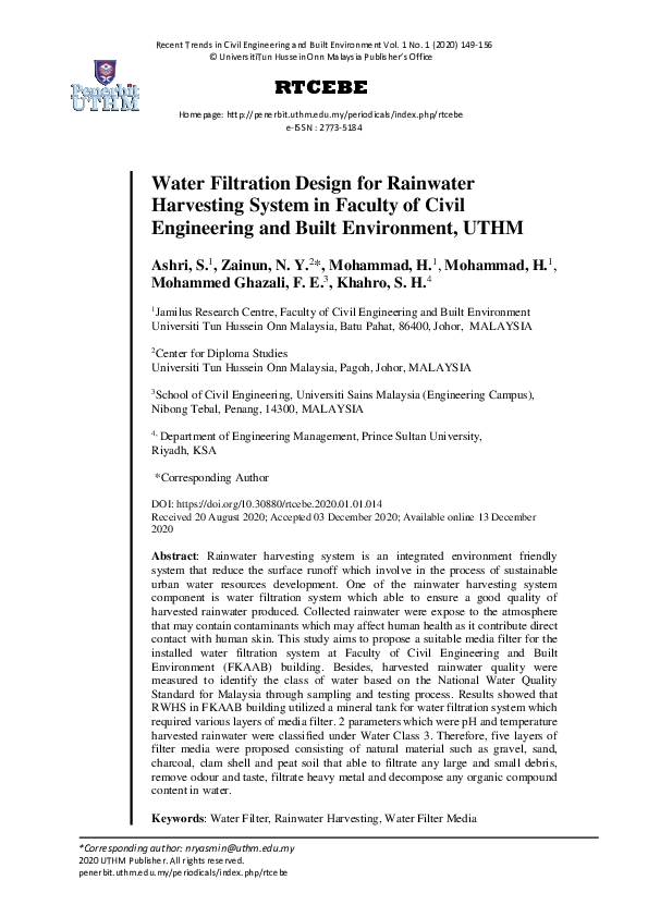 (PDF) Water Filtration Design for Rainwater Harvesting System in ...